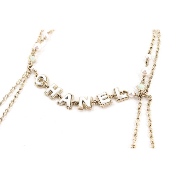 CHANEL | Jewelry | Chanel Chanel Logo Fake Pearl Necklace Gold ...